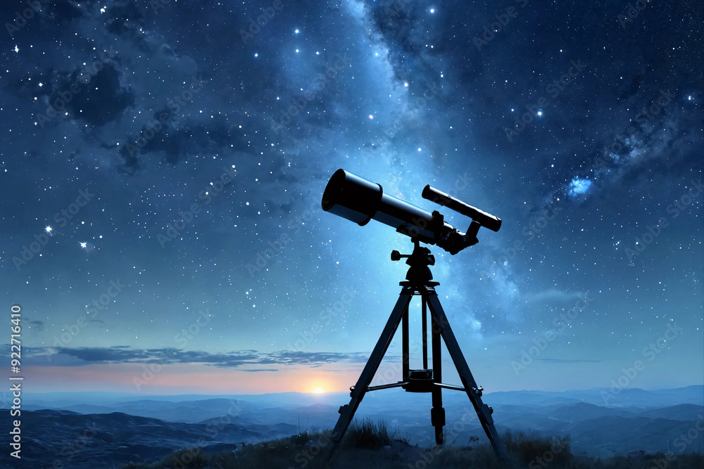 Black refracting telescope on a tripod in starry night sky scape ...