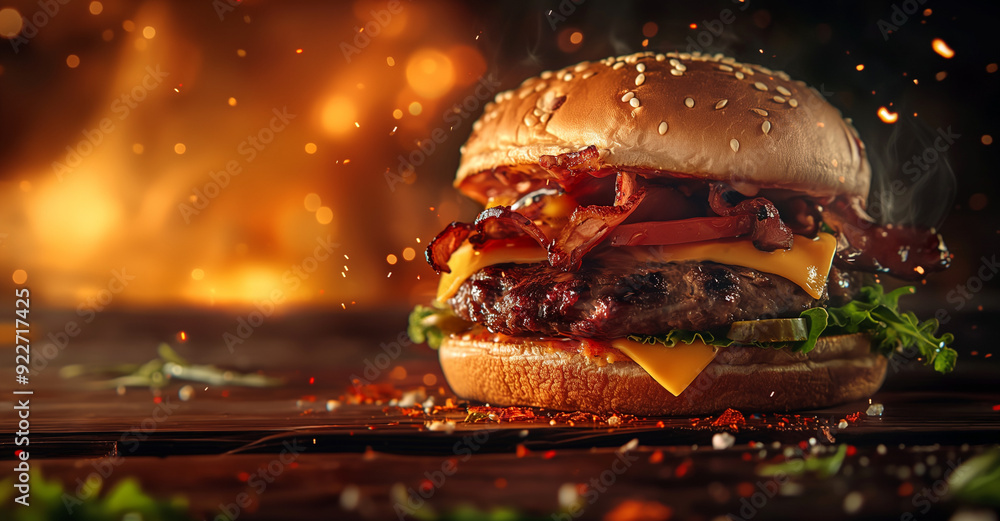 Food photography of a double cheeseburger with bacon, depicted in a ...