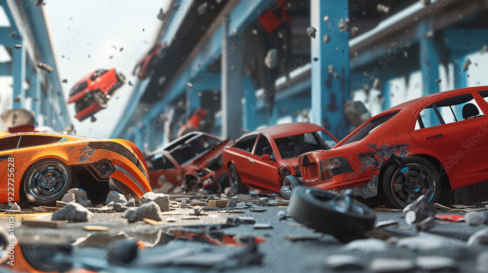 Carnage Under the Bridge: A catastrophic pileup of wrecked cars litters ...