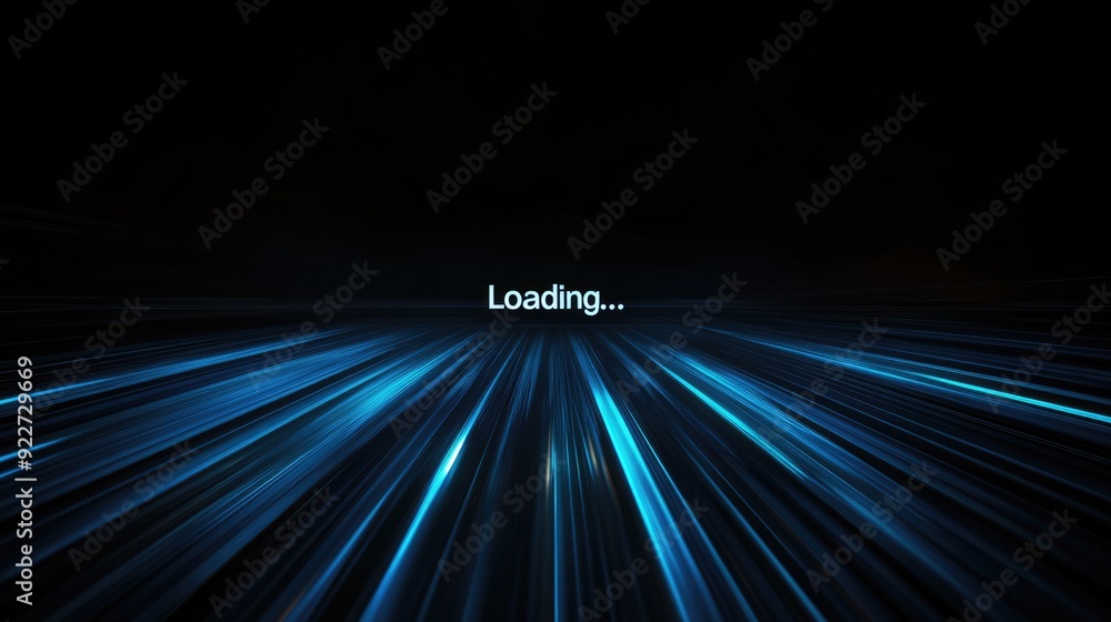 Loading word on black digital tech background. Blue lines on monitor ...