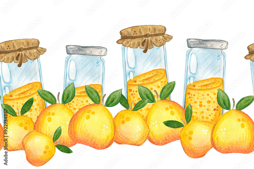 Seamless fruit border from jam jars. Hand drawn watercolor illustration ...