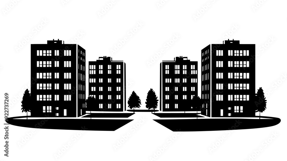 Complex of low-rise buildings with a central courtyard and evenly ...