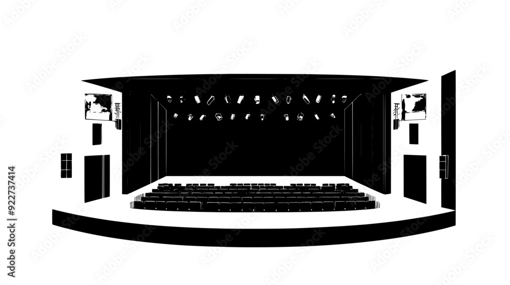 Cutaway of a theater, depicting the stage, audience seating, and ...