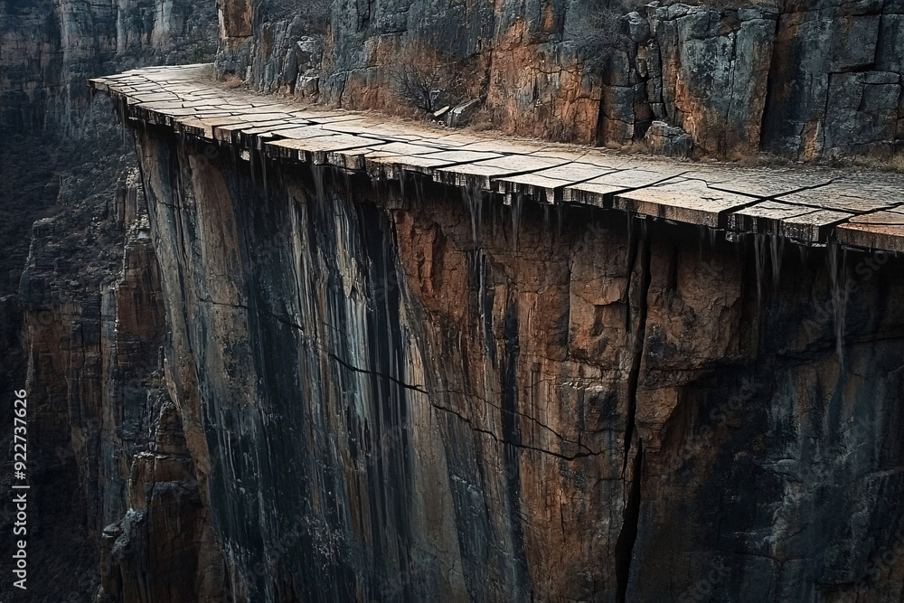 Narrow wooden walkway precariously attached to the side of a steep ...
