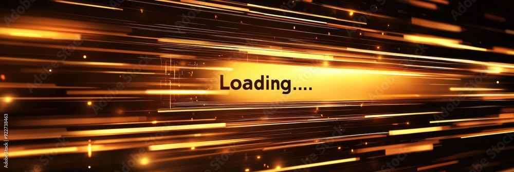 Loading word on black digital technology background. Golden lines on ...