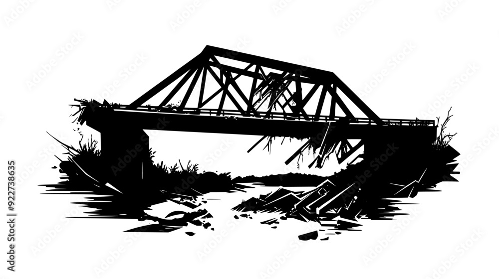 Partially collapsed bridge with debris and fallen sections in a river ...