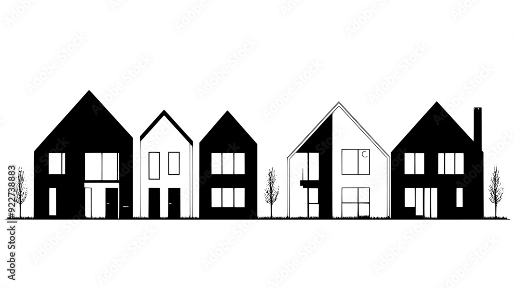 Row of modern houses with slanted roofs and uniform facades, windows ...