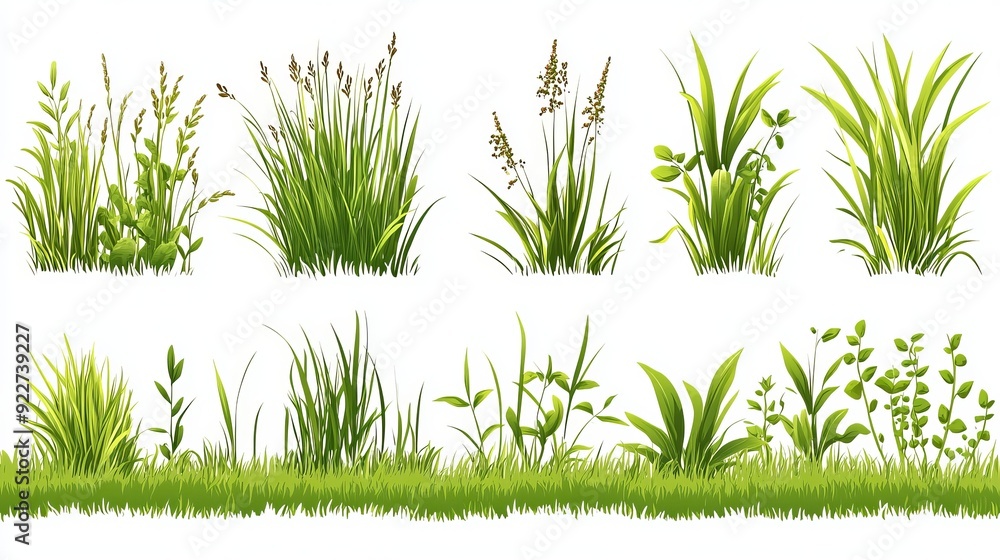 Collection of green grass patterns on a white background, depicted in a ...