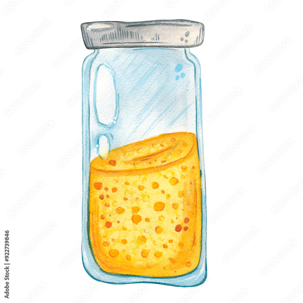 Glass jar with jam. Watercolor illustration hand drawn in a children's ...