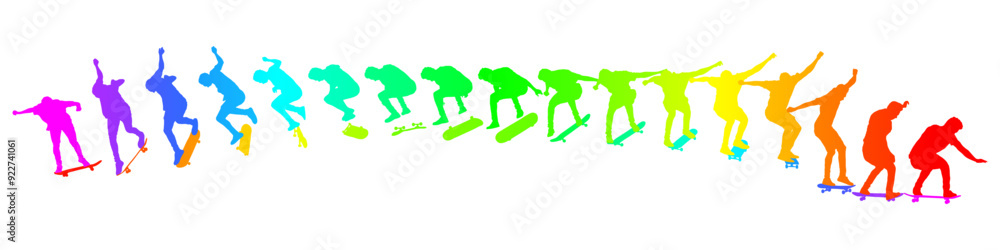 Dynamic silhouette sequence of skateboarder performing mid-air trick ...