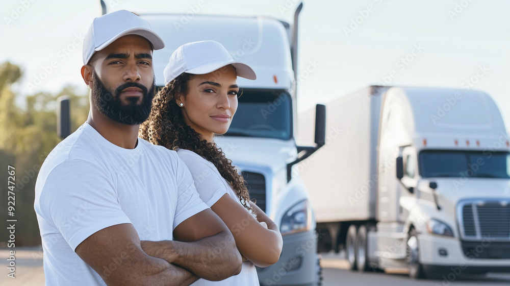 Standing back to back, a man and woman trucker look directly at the ...