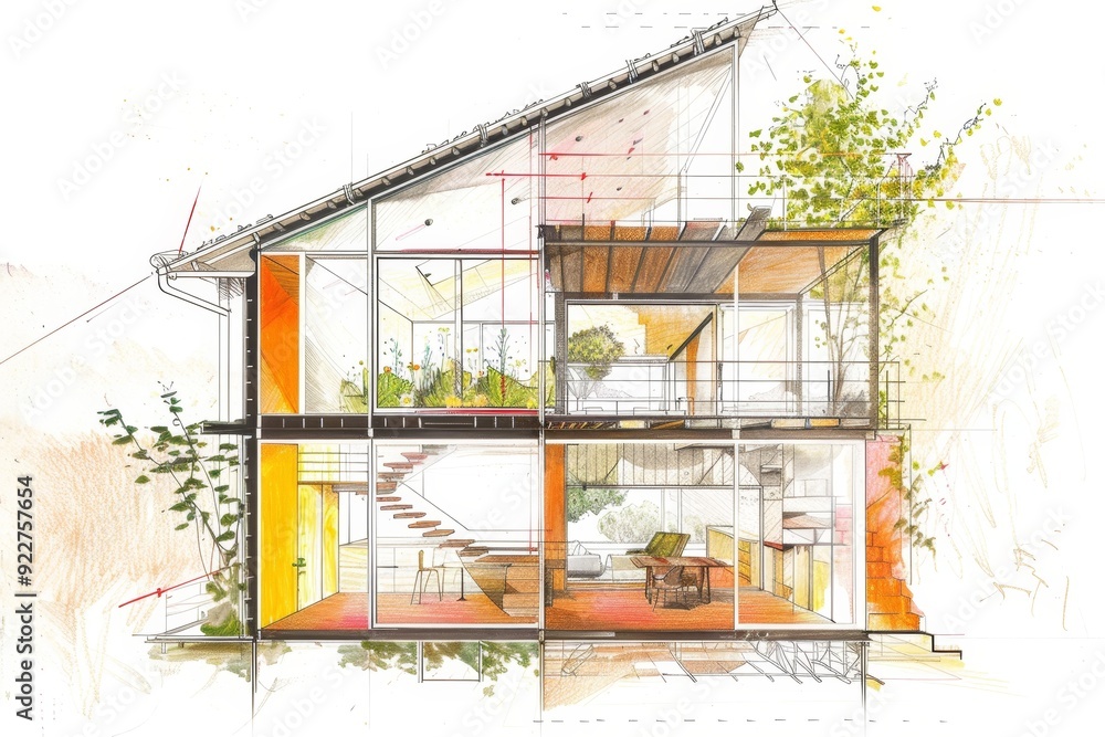 Architectural cross-section of a modern house showing interior design ...