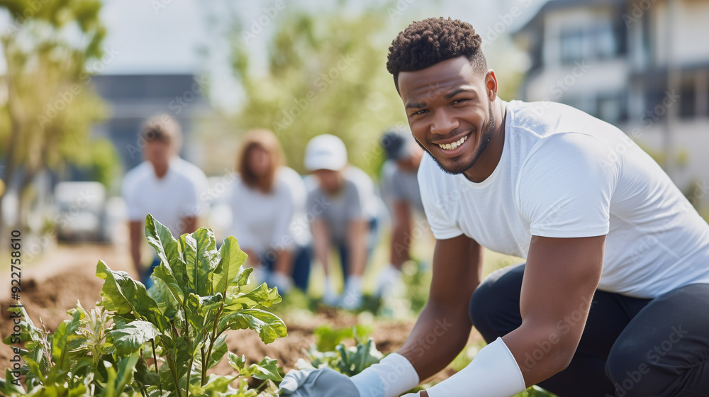 Energetic community volunteer leading a diverse group in a neighborhood ...