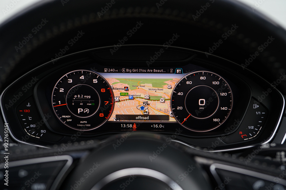 Digital Car Dashboard Display with Navigation, Speedometer, and Rev ...