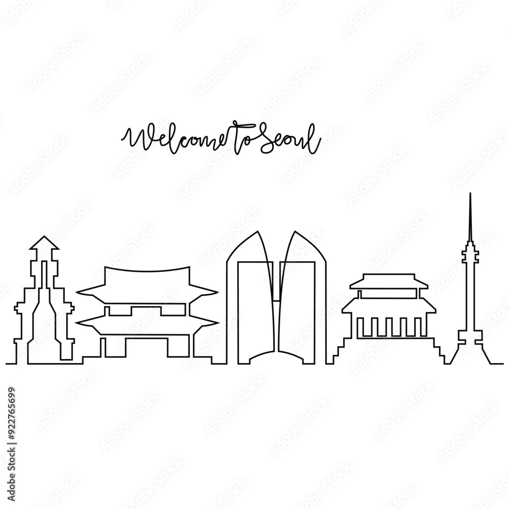 One continuous line drawing of Seoul skyline vector illustration ...