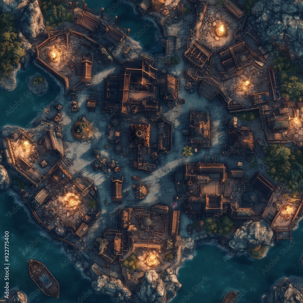 Top Down Dusk Town RTS Style Fantasy Game World Map Generative ...