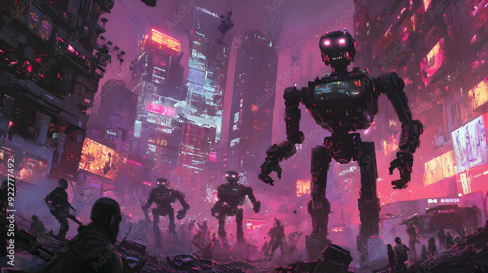 Robotic Uprising in a Dystopian Future - An illustration of a dystopian ...