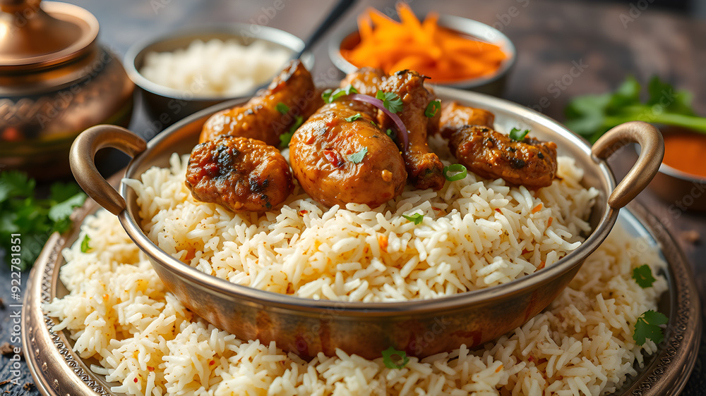 Traditional ARABIC food biryani Basmati rice with chicken on copper ...