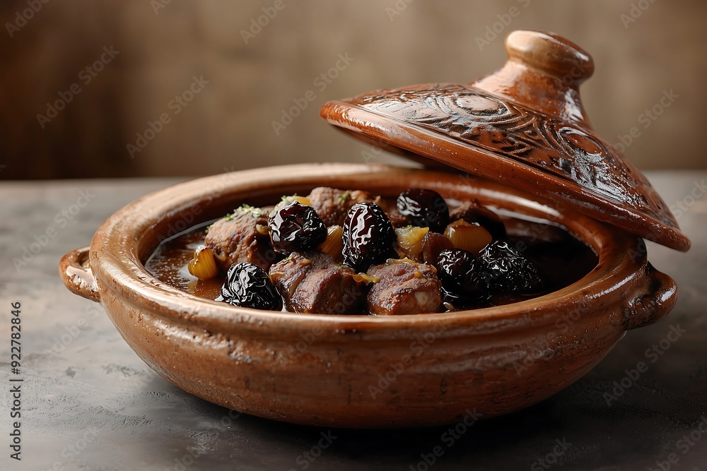 Moroccan Lamb Tagine with Sweet Prunes, Served in a Shallow Unglazed ...
