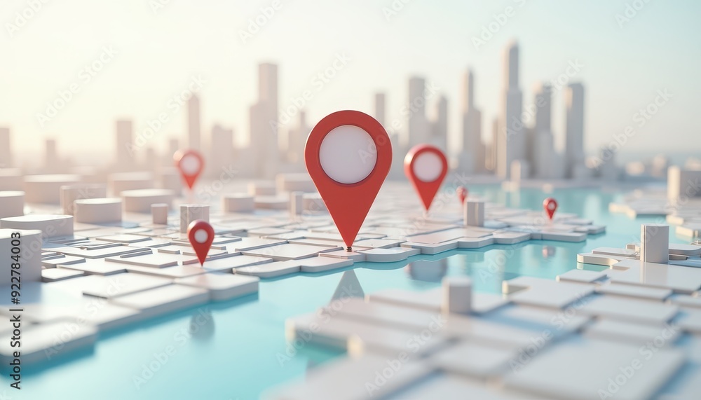3D illustrations of map pins with a blurred city skyline in the ...