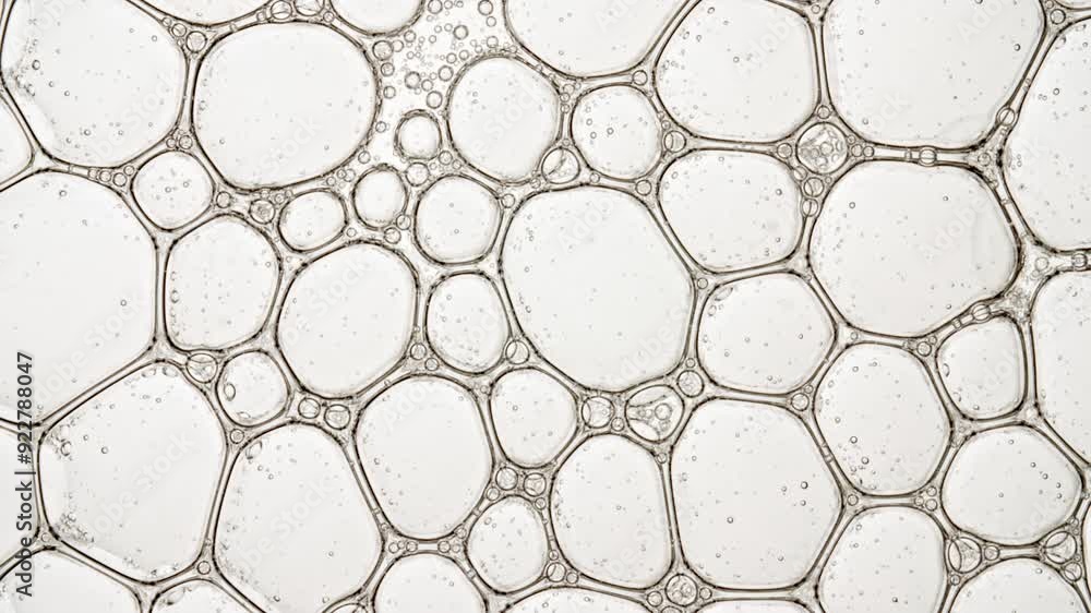 Transparent Bubble cluster, cells under a microscope. Cosmetic gel ...
