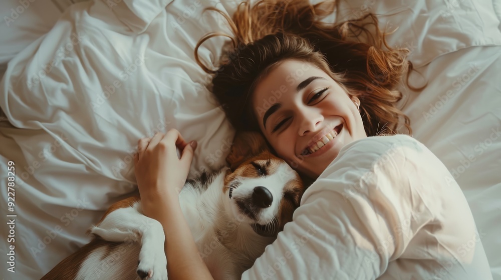 Pet friendly hotel. A girl and her dog sleep in a white bed at home. A ...