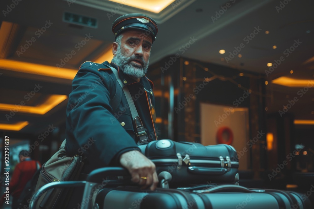 Baggage porter or bell boy transporting suitcases to hotel rooms with a ...