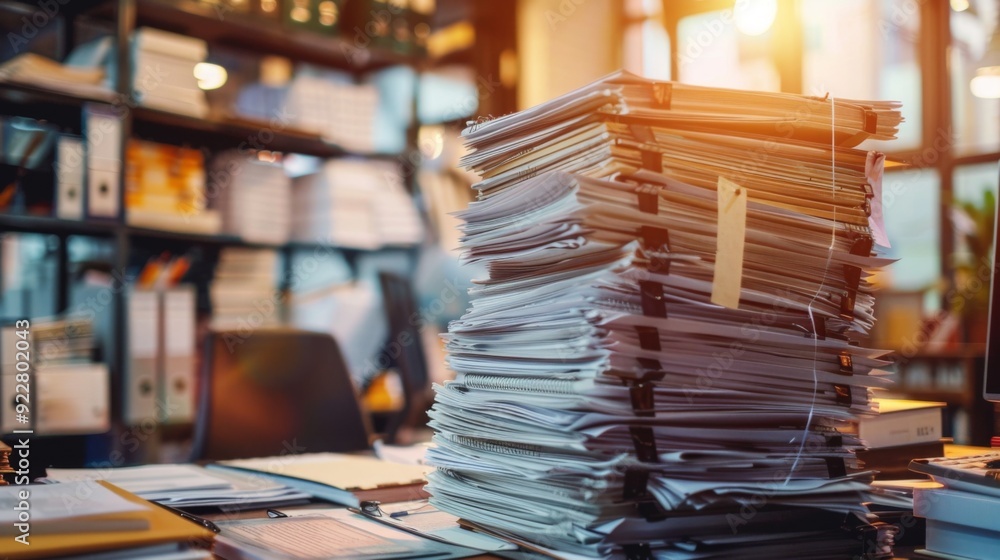 A stack of official documents and files piled high on a desk ...