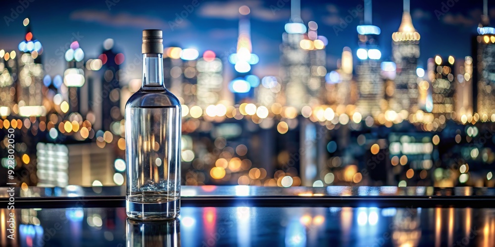 Luxury vodka bottle on a sleek bar counter with city lights in ...