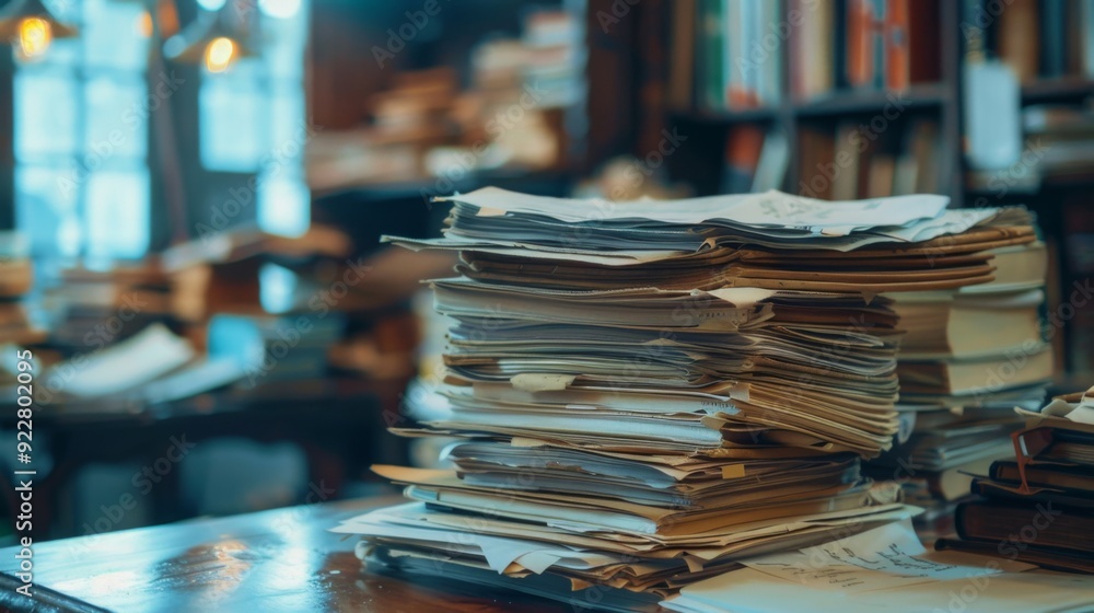 A stack of official documents and files piled high on a desk ...