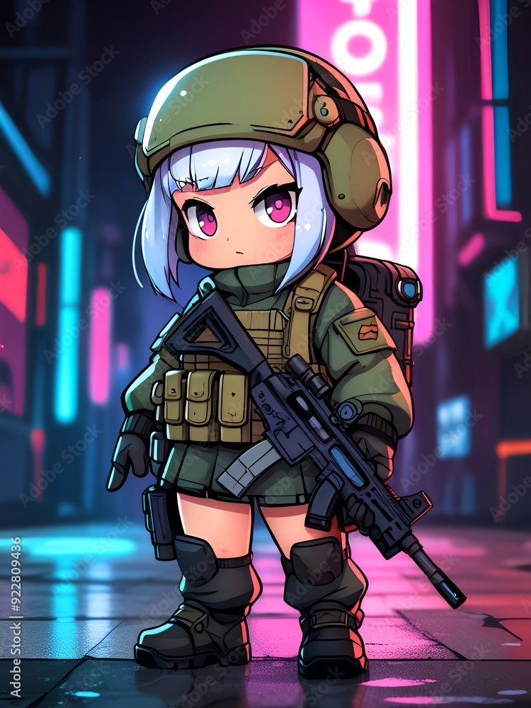 Cute Anime Girl Soldier in a Neon City Stock Illustration | Adobe Stock