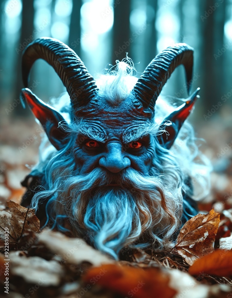 A blue demon with long white hair and horns in the woods. Stock Photo ...