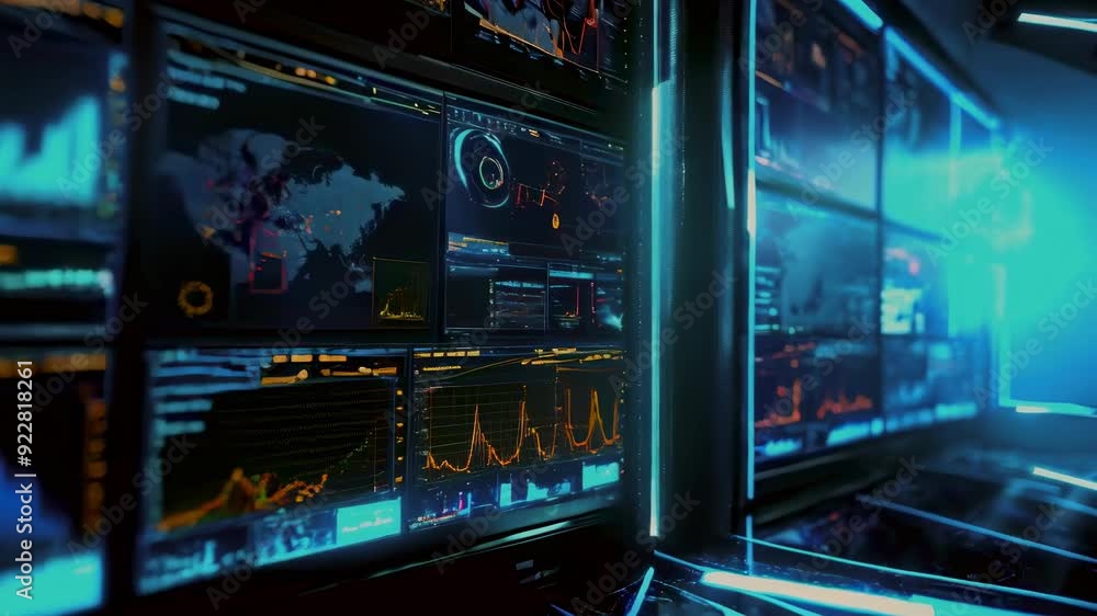 Multiple high-tech screens display global data charts and analytics in ...