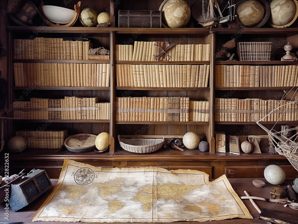 A large wooden bookcase with many books and a map on the floor. Scene ...