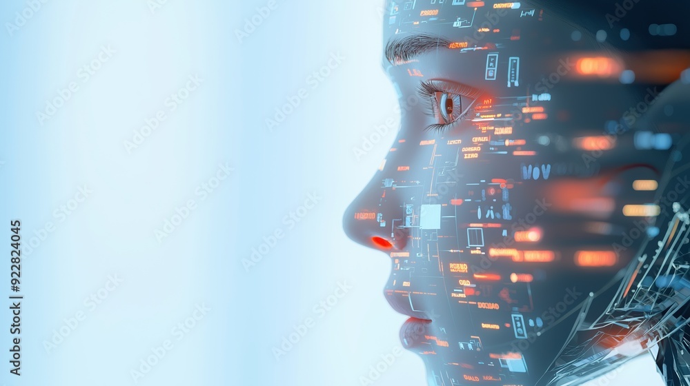 Portrait of a humanoid AI with digital facial expressions, reflecting ...