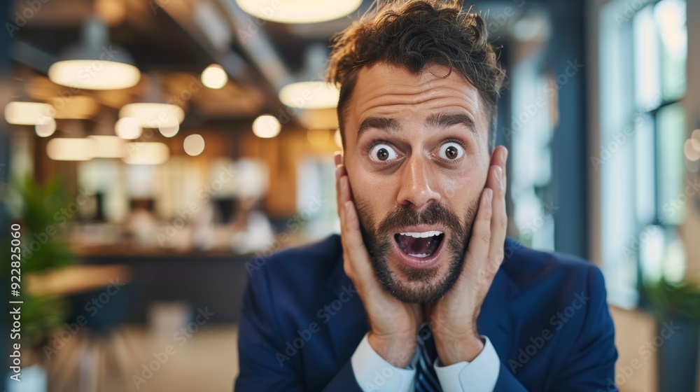 Shocked man with a surprised expression, holding his hands on his face ...