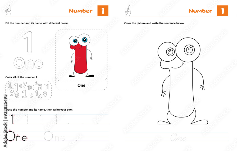 Trace and color number - 1 - worksheet - counting finger - cursive ...