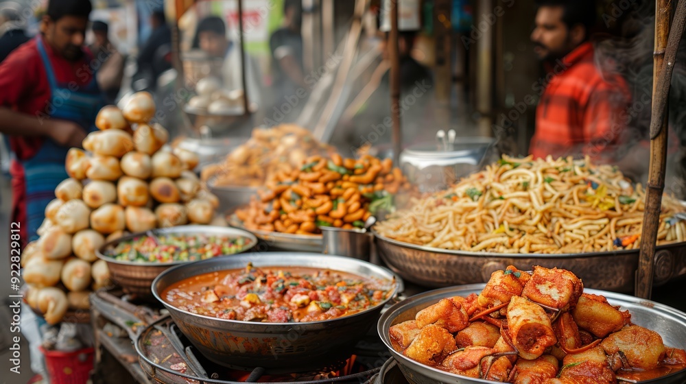 Indian street food scene featuring a busy market stall with dishes like ...
