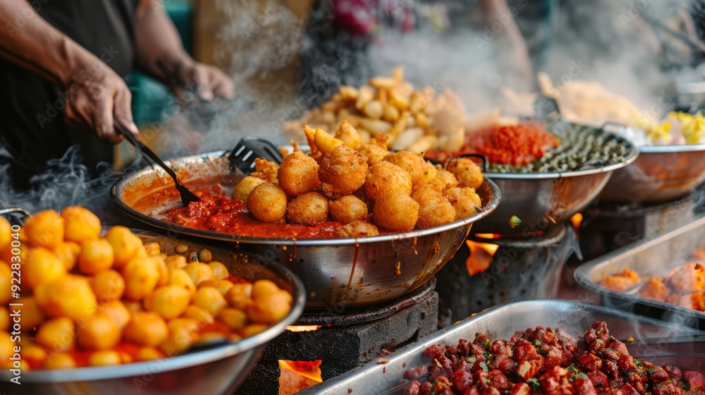 Indian street food scene featuring a busy market stall with dishes like ...