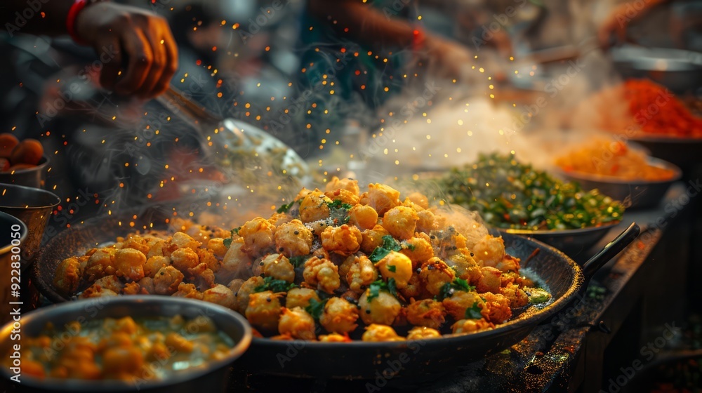 Indian street food scene featuring a busy market stall with dishes like ...