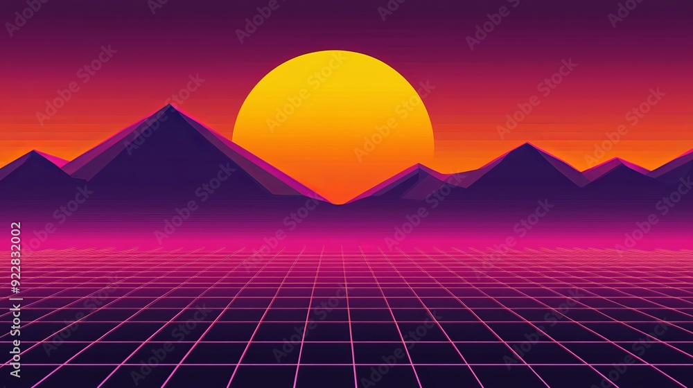 Classic 80s neon grid design with a large sun at the horizon, warm neon ...