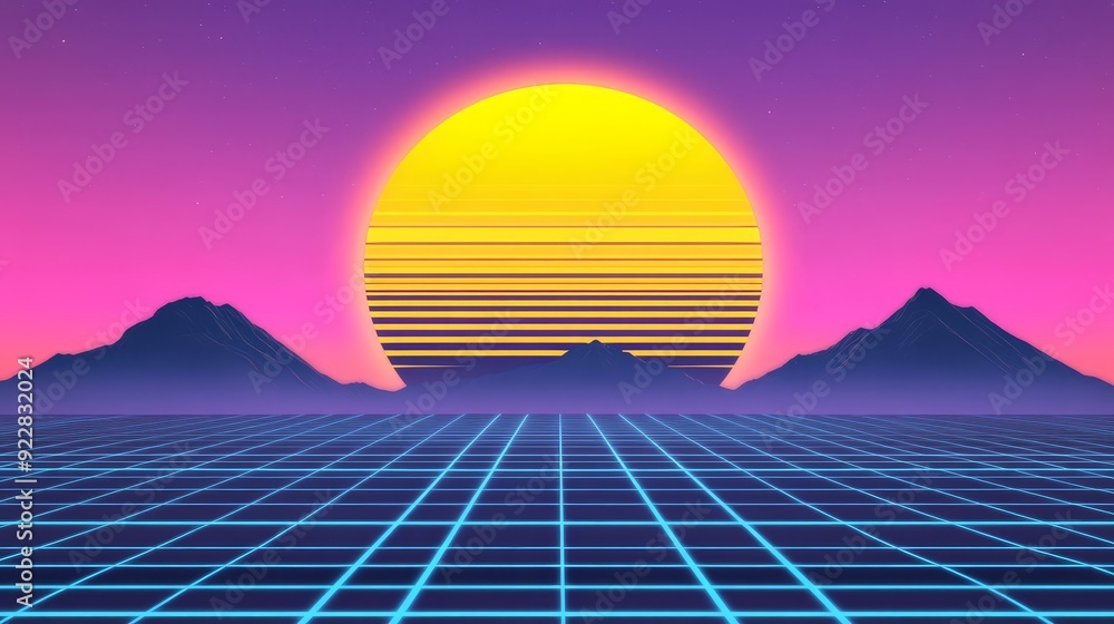 Classic 80s neon grid design with a large sun at the horizon, warm neon ...