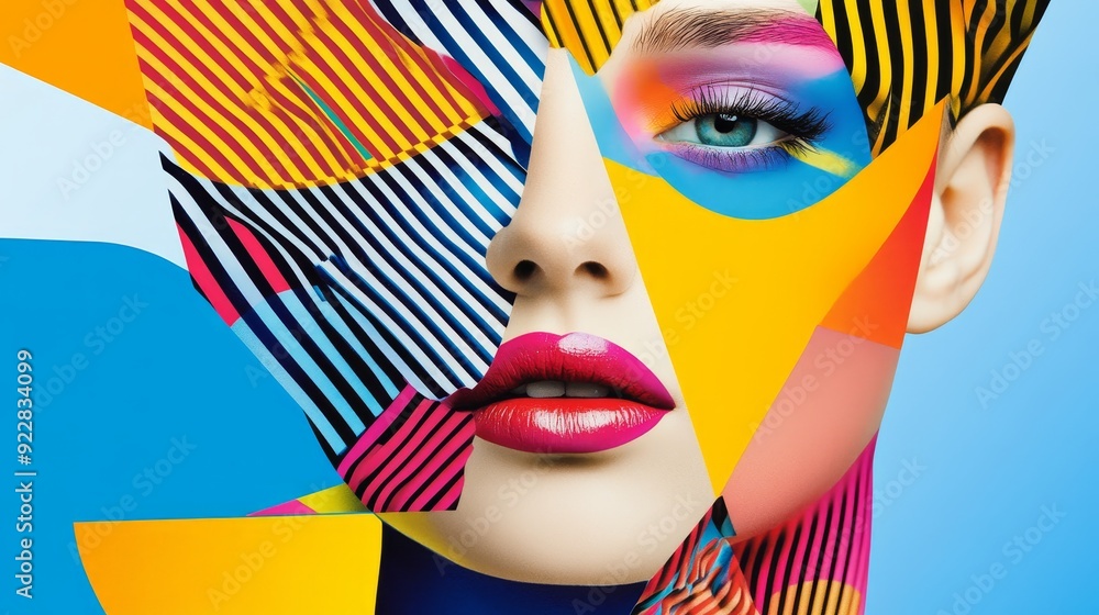 Bright, colorful pop art portrait with abstract shapes and bold lines ...