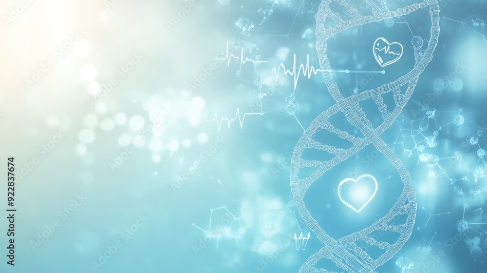 DNA double helix with a heart inside and a heart with EKG wave on top ...