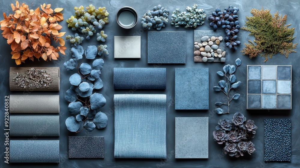 Top view of an artistic arrangement in grey and navy tones featuring ...