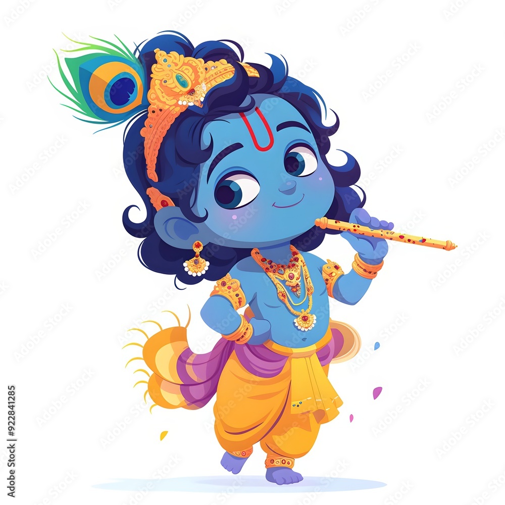 Cute little baby Krishna playing flute. Cartoon character Hindu god ...