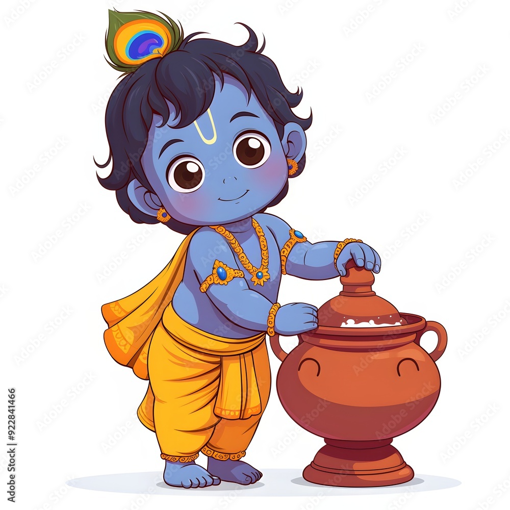 Cute little baby Krishna with Dahi Handi. Cartoon character Hindu god ...
