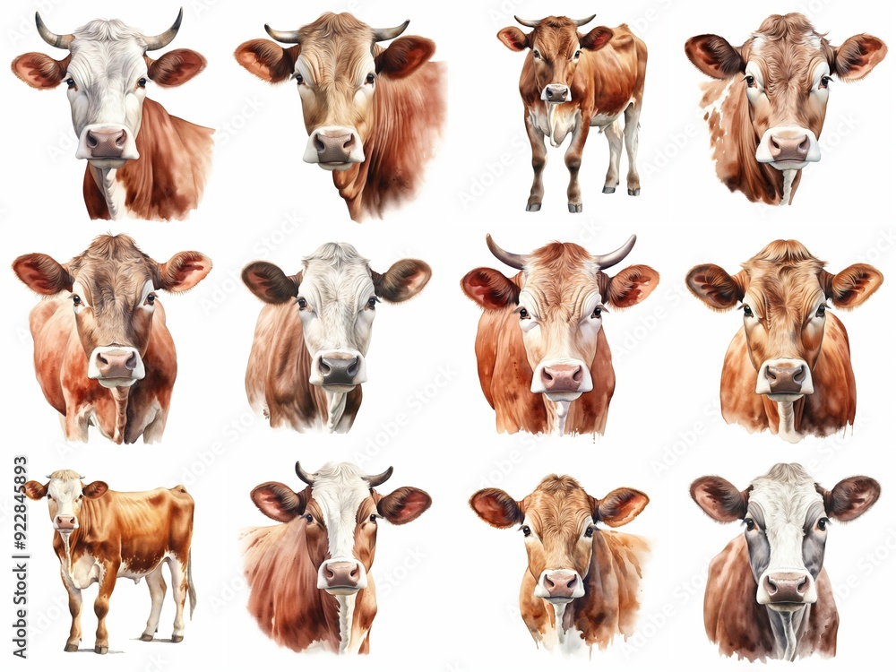 Detailed Illustrations of Various Cows in a Grid Layout - Farm Animal ...