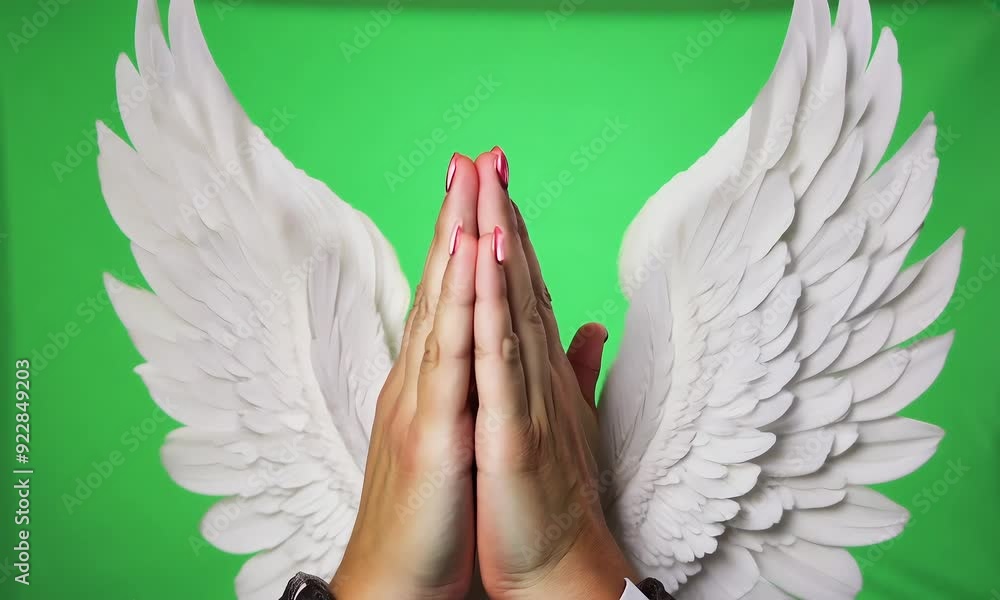 Hands in Prayer Pose with Angel Wings on green screen background with ...