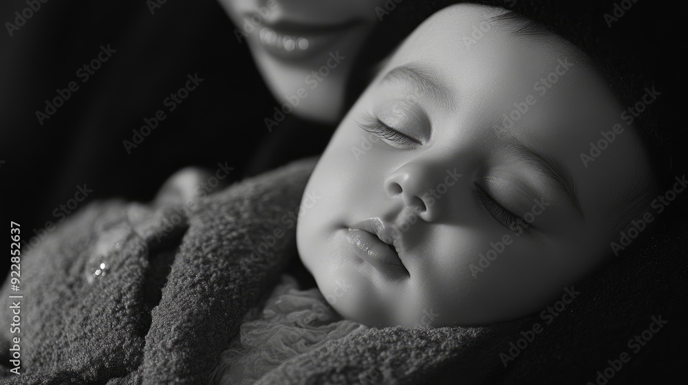 Newborn Baby Peacefully Sleeping On Their Mother'S Chest, A Tender ...